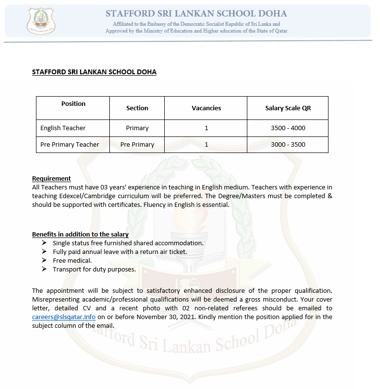 Vacancy – English – Pre Primary Teacher - SSLSD
