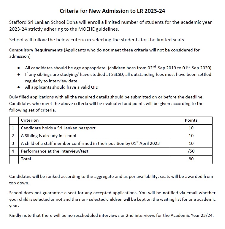 New Admission Criteria updated - SSLSD